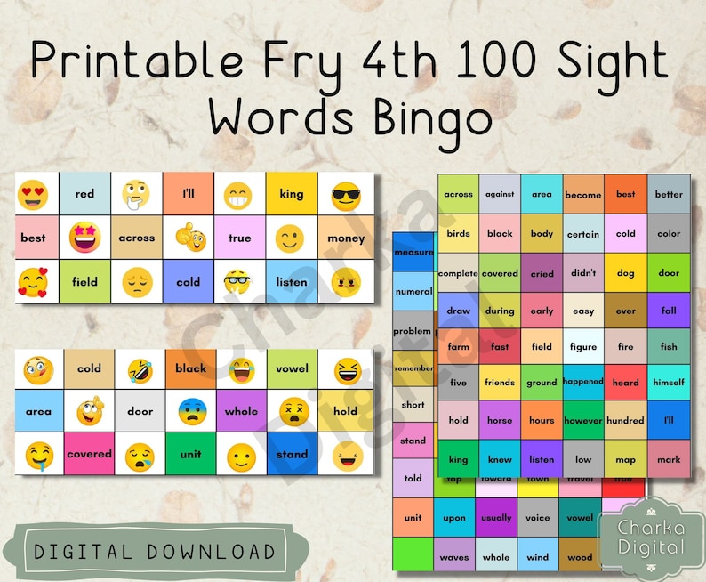 Printable Fry 4th 100 Sight Words Bingo Cards, 4th-5th Grade ...