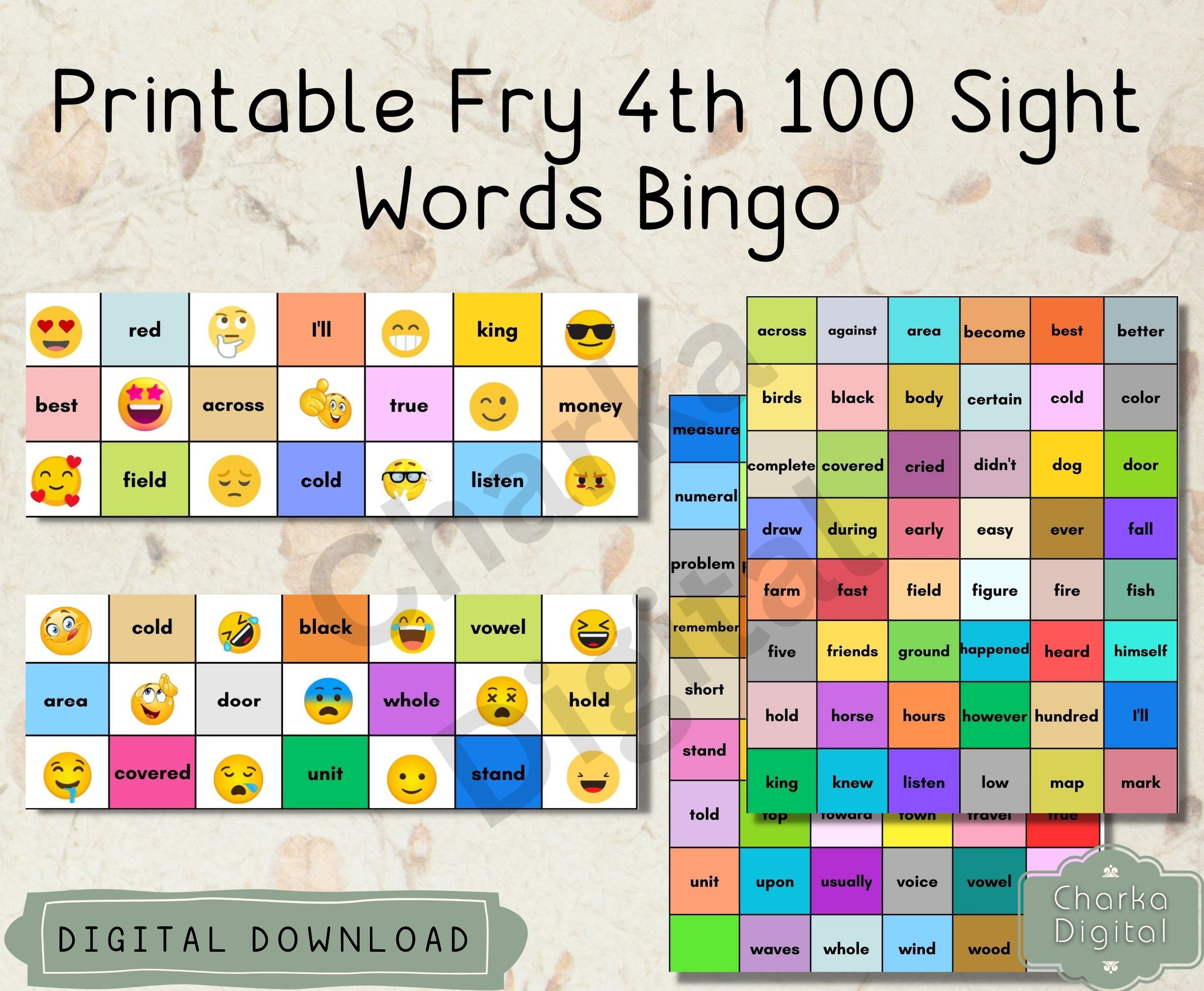 Printable Fry 4th 100 Sight Words Bingo Cards, 4th-5th Grade ...