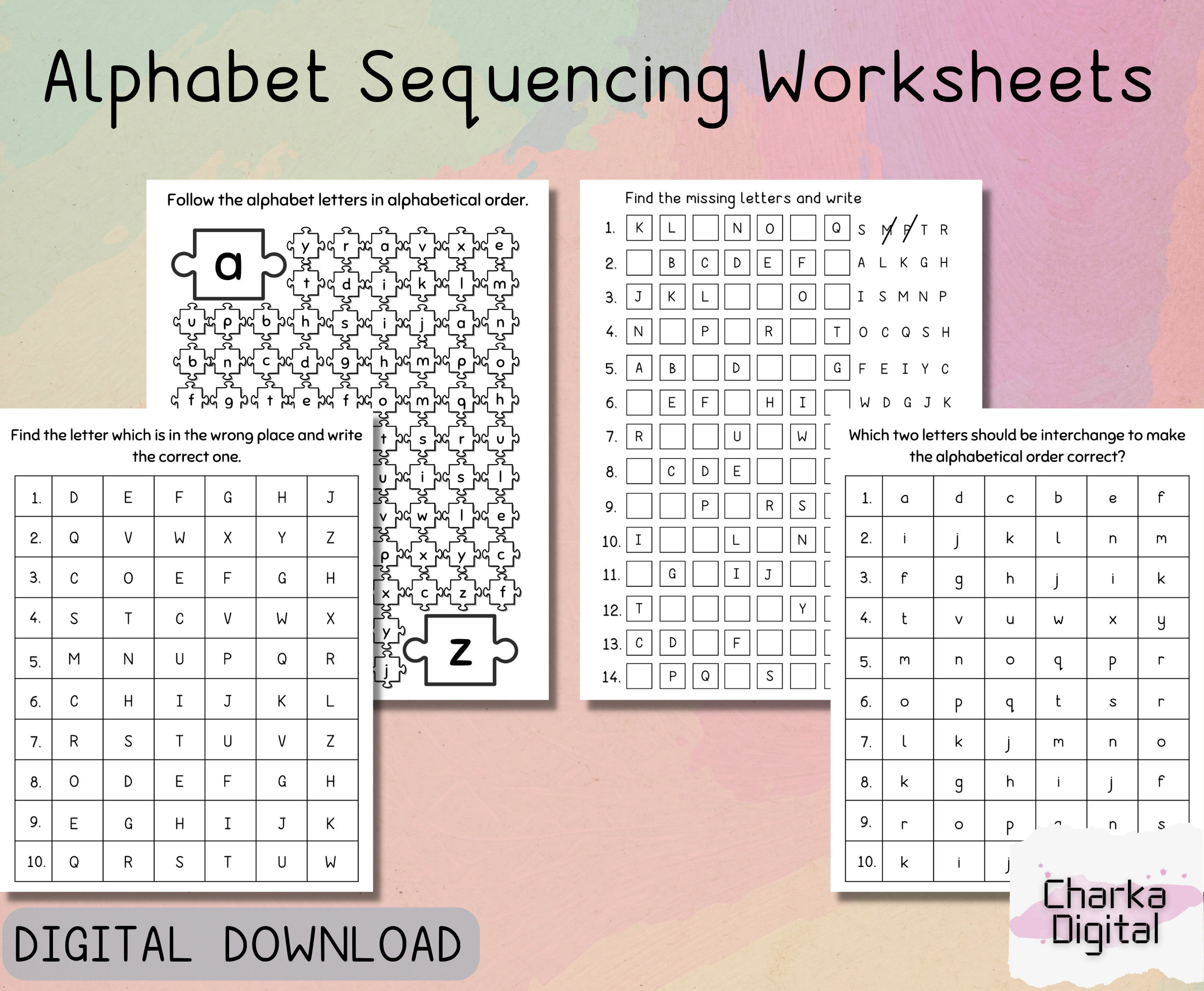 Printable Alphabet Sequencing Worksheets, Alphabetical Order Practice ...
