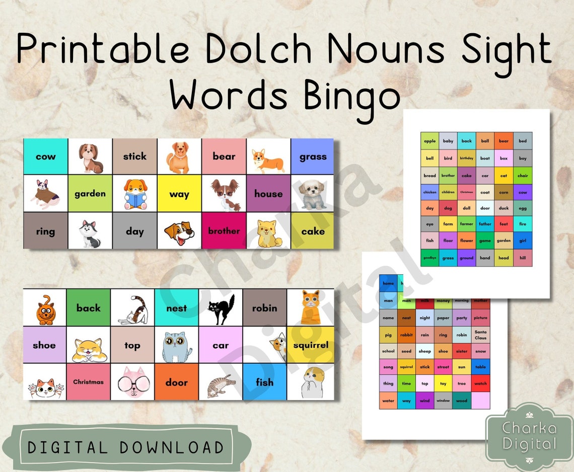 Printable Dolch Nouns Sight Words Bingo, Learning Activity for Kids ...