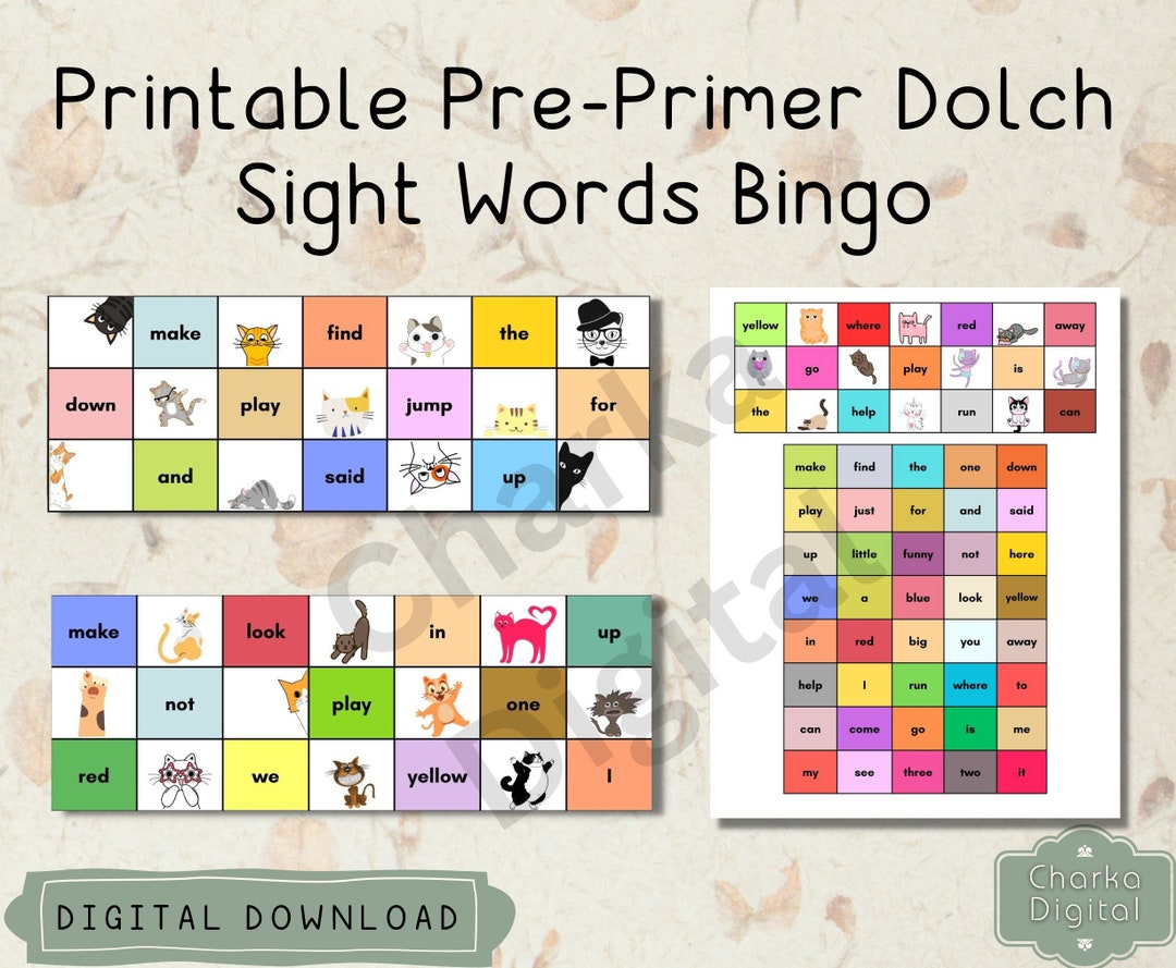 Printable Pre-primer Dolch Sight Words Bingo, Preschool Educational ...