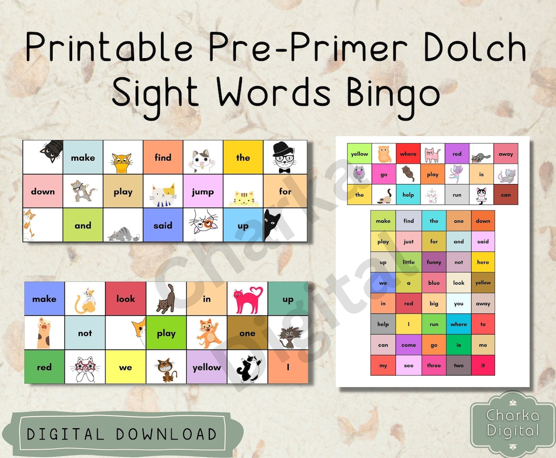 Printable Pre-primer Dolch Sight Words Bingo, Preschool Educational ...