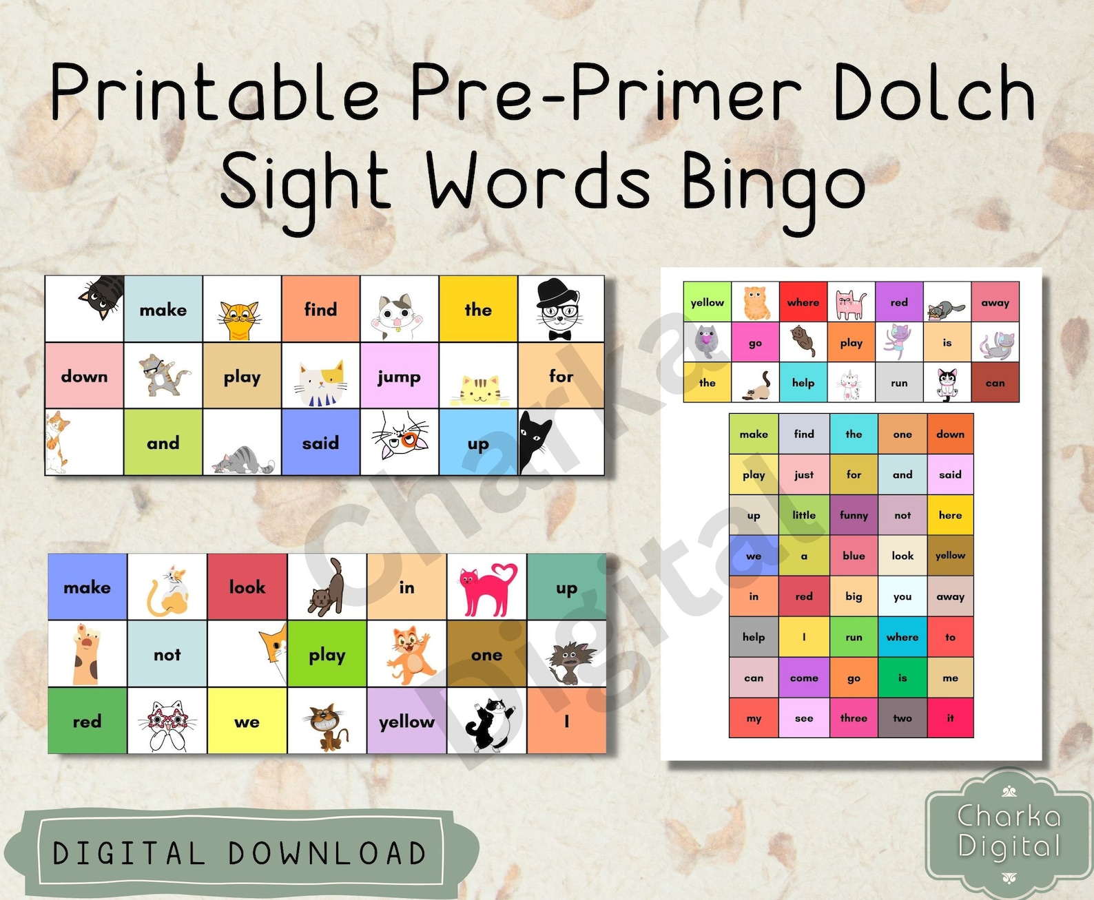 Printable Pre-primer Dolch Sight Words Bingo, Preschool Educational ...