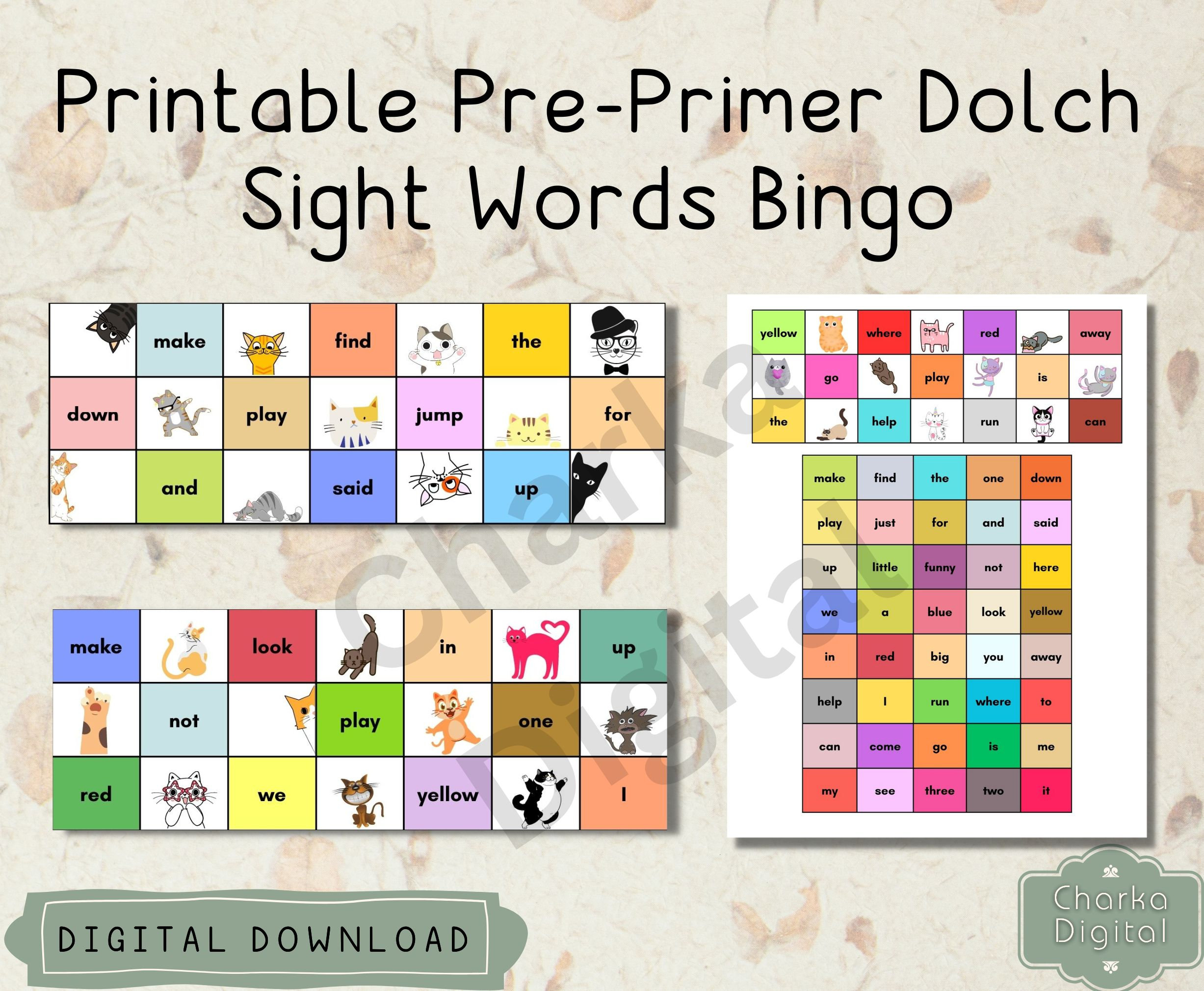 Printable Pre-primer Dolch Sight Words Bingo, Preschool Educational ...