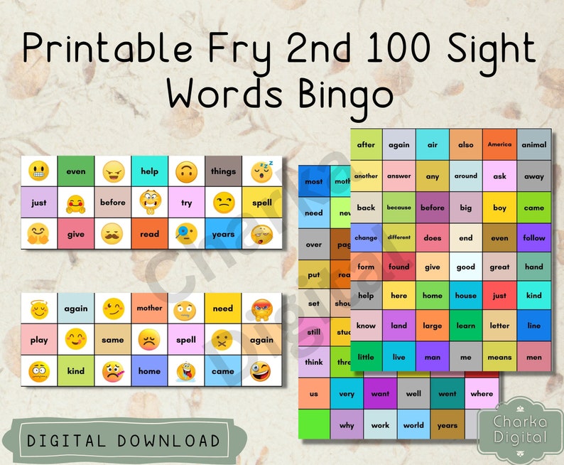 Printable Fry 2nd 100 Sight Words Bingo Cards, Educational Game, 2nd ...