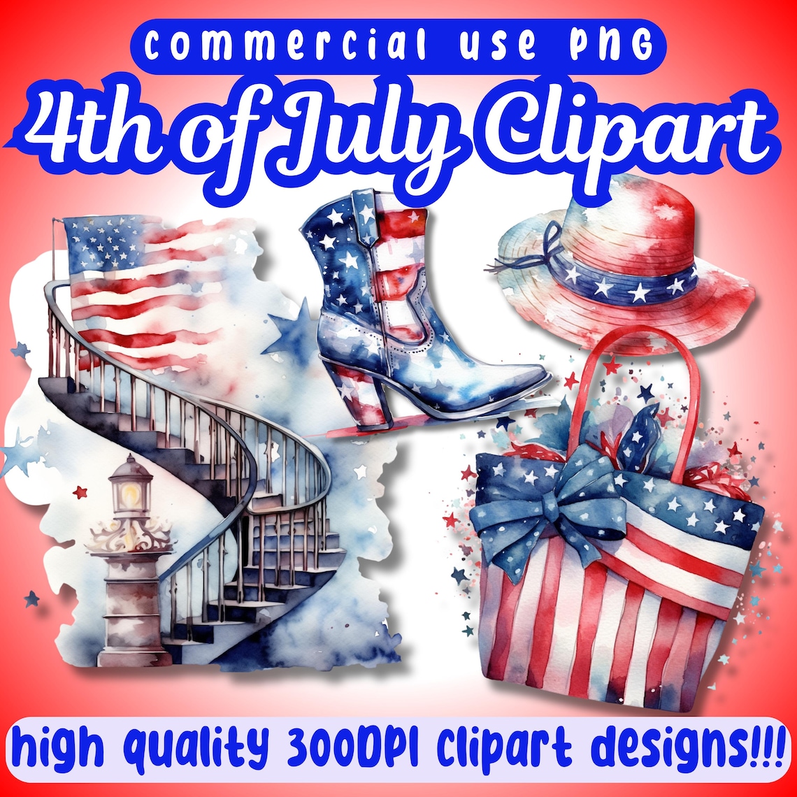 4th of July PNG Bundle, Patriotic Clipart, American Flag Watercolor Png ...