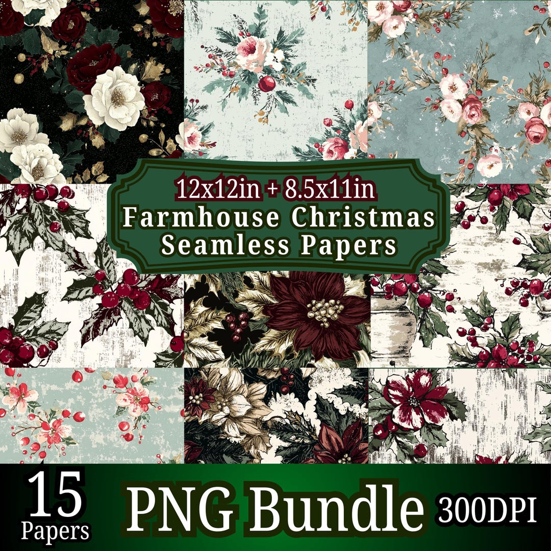 Farmhouse Christmas Digital Paper, Rustic Christmas Seamless Patterns ...