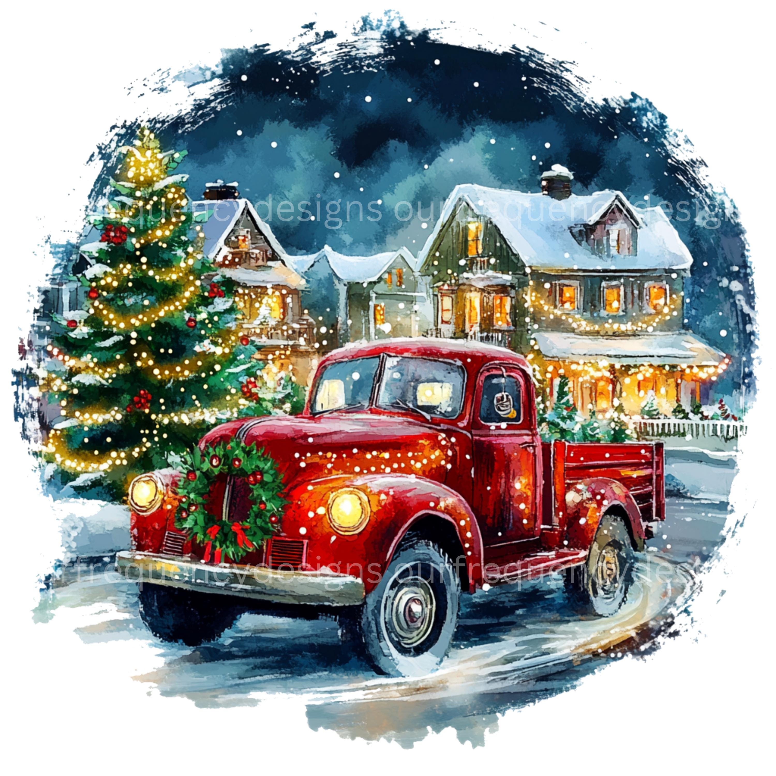 Vintage Christmas Truck PNG, Red Truck With Christmas Tree Clipart, Red ...
