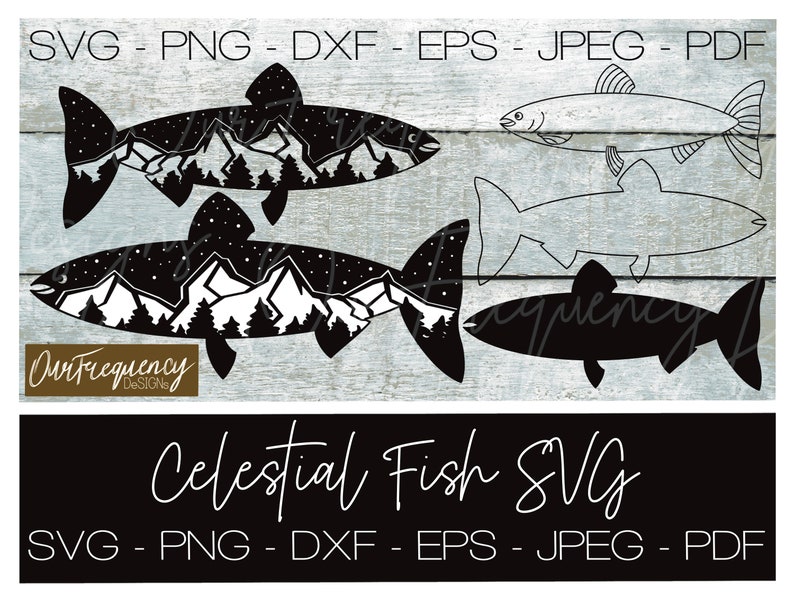 Fish Svg, Salmon Svg, Celestial Fish Svg, Salmon Mountain Stars, Alaska ...