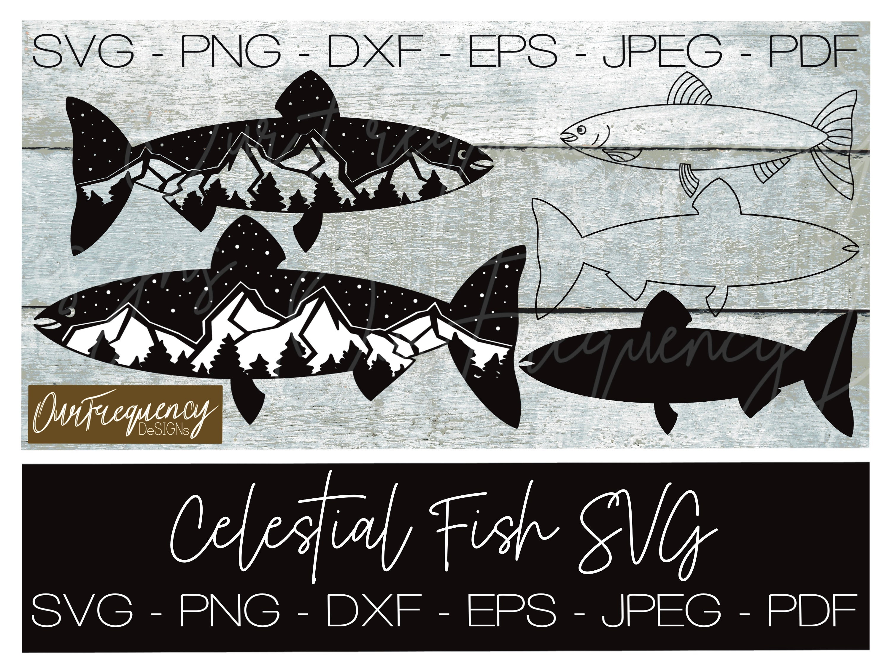 Fish Svg, Salmon Svg, Celestial Fish Svg, Salmon Mountain Stars, Alaska ...