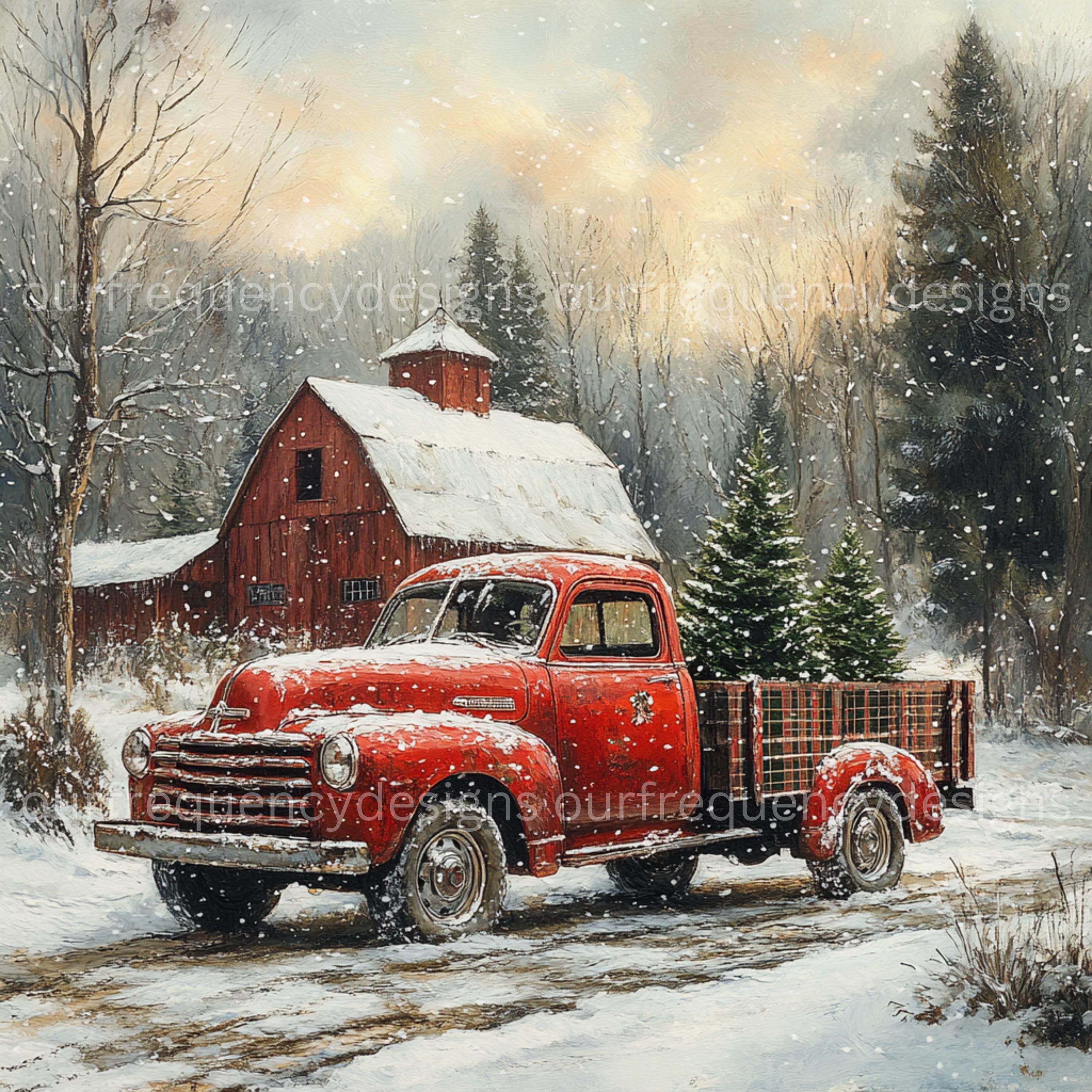 Vintage Christmas Truck PNG, Red Truck With Christmas Tree Clipart, Red ...