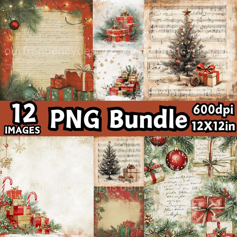 Vintage Christmas Scrapbook Background, Junk Journal, Digital Musical ...