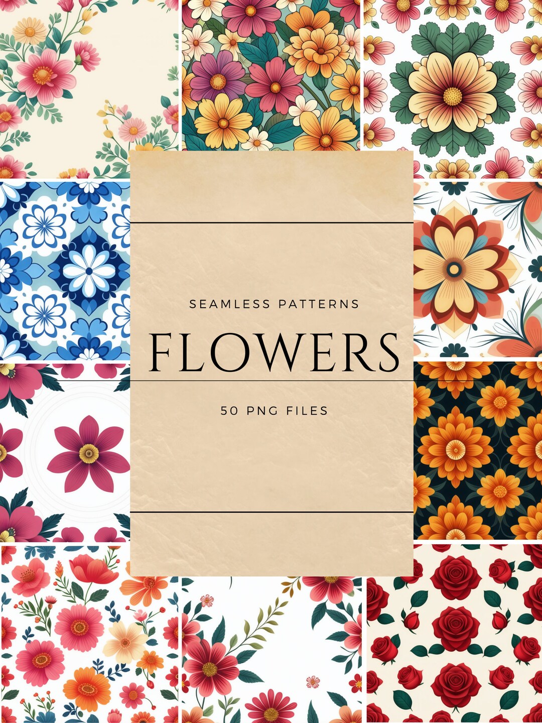 50 Seamless Flower Patterns, Seamless Pattern Bundle, Floral Seamless ...