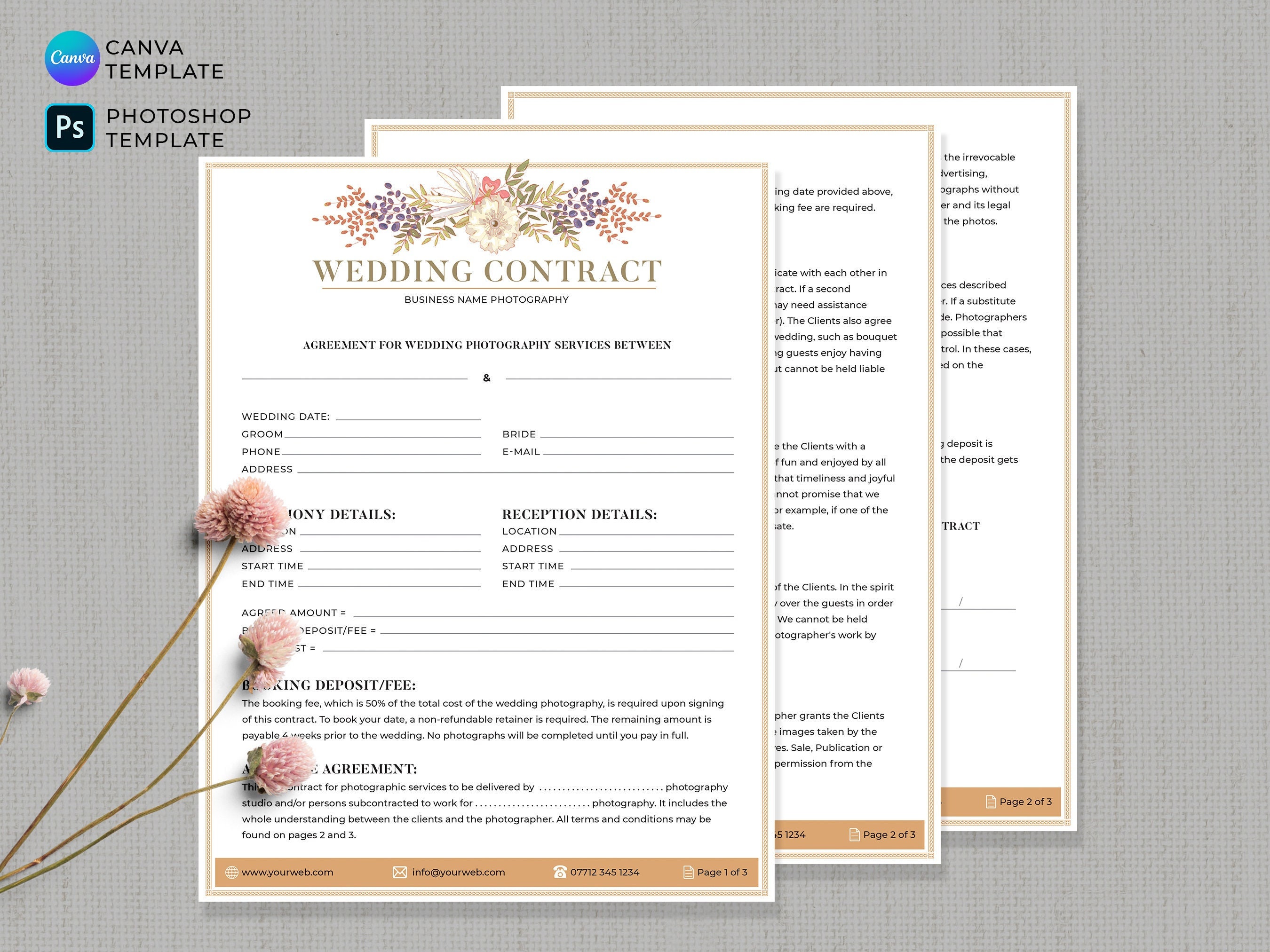 Canva Photography Contract Template 3 Pages, Wedding Contract for ...