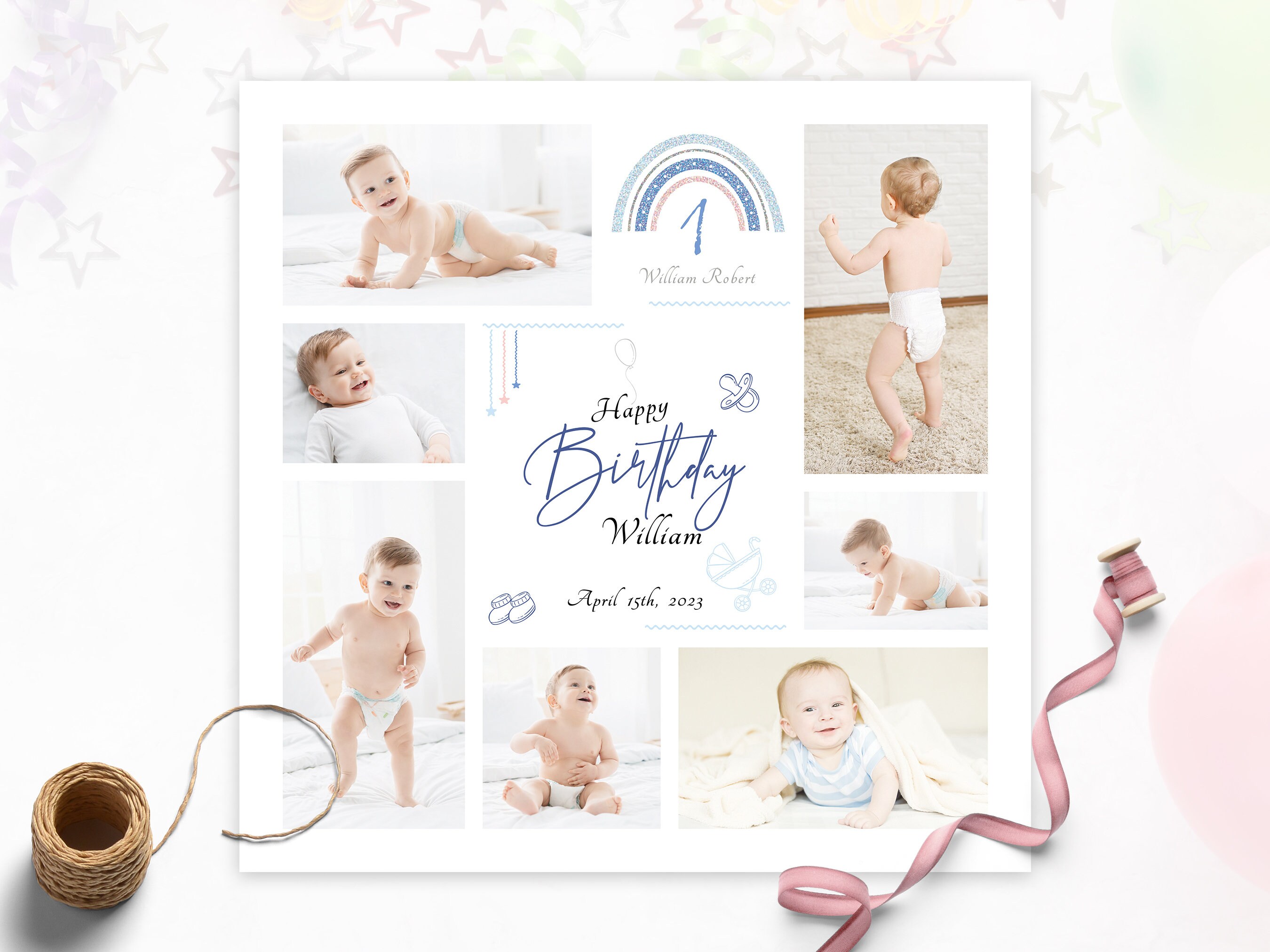 First Year Collage Template, 1st Year Collage, Baby Photo Collage, Boy ...