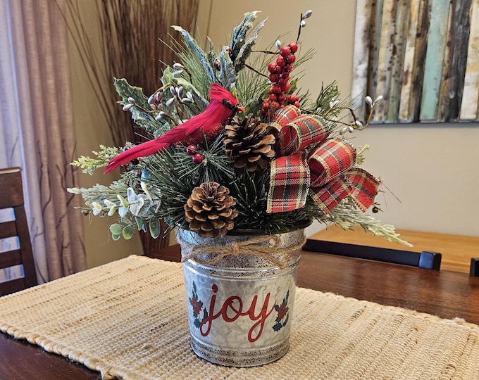Large Metal Distressed Christmas Bucket Arrangement, Christmas Joy ...