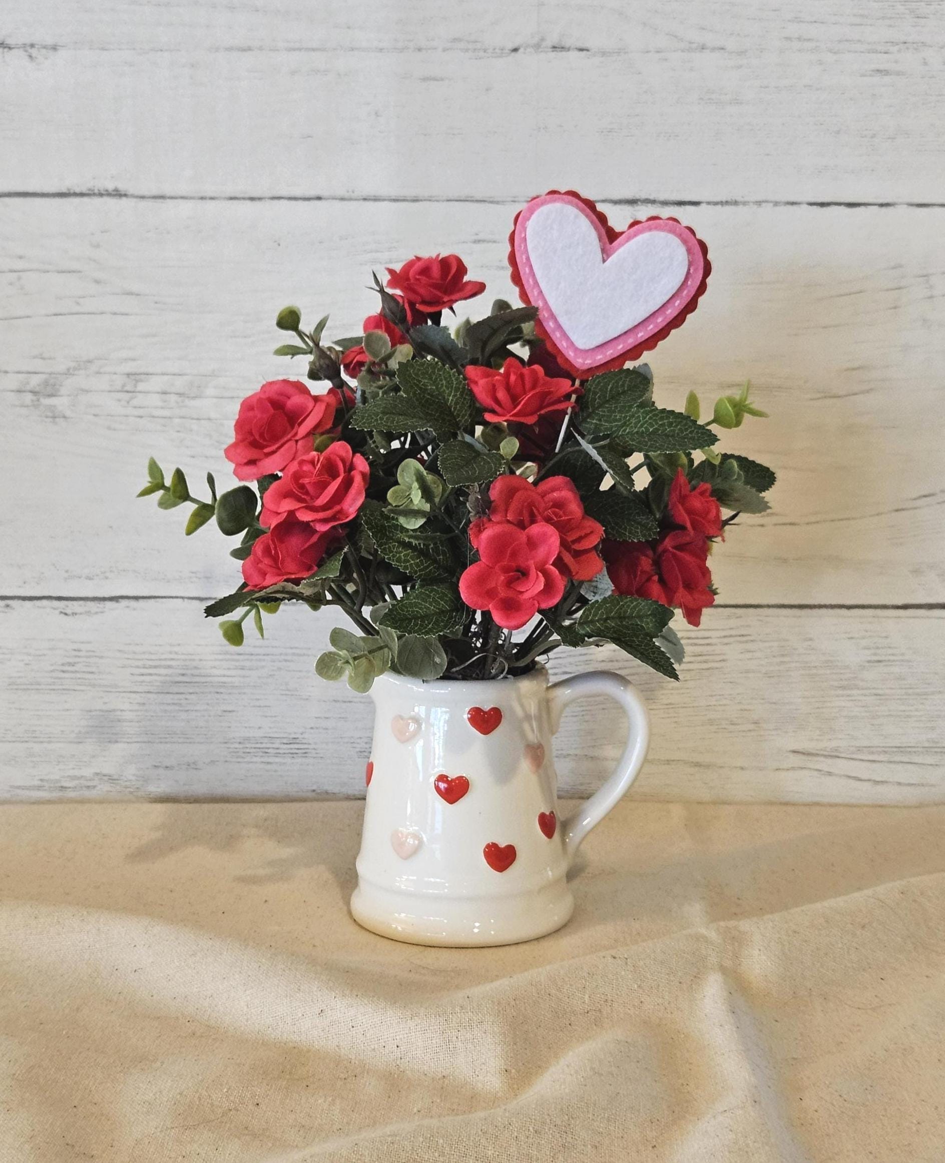 Mini Red Rose Arrangement, White Heart Creamer, Valentine's Day Gift - Etsy