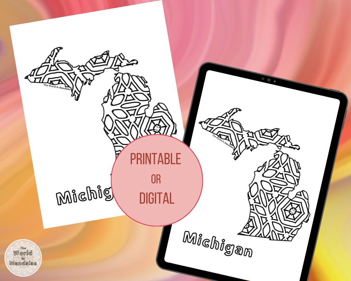 Michigan Mandala All Ages Colouring Page States of the USA printable A4 ...