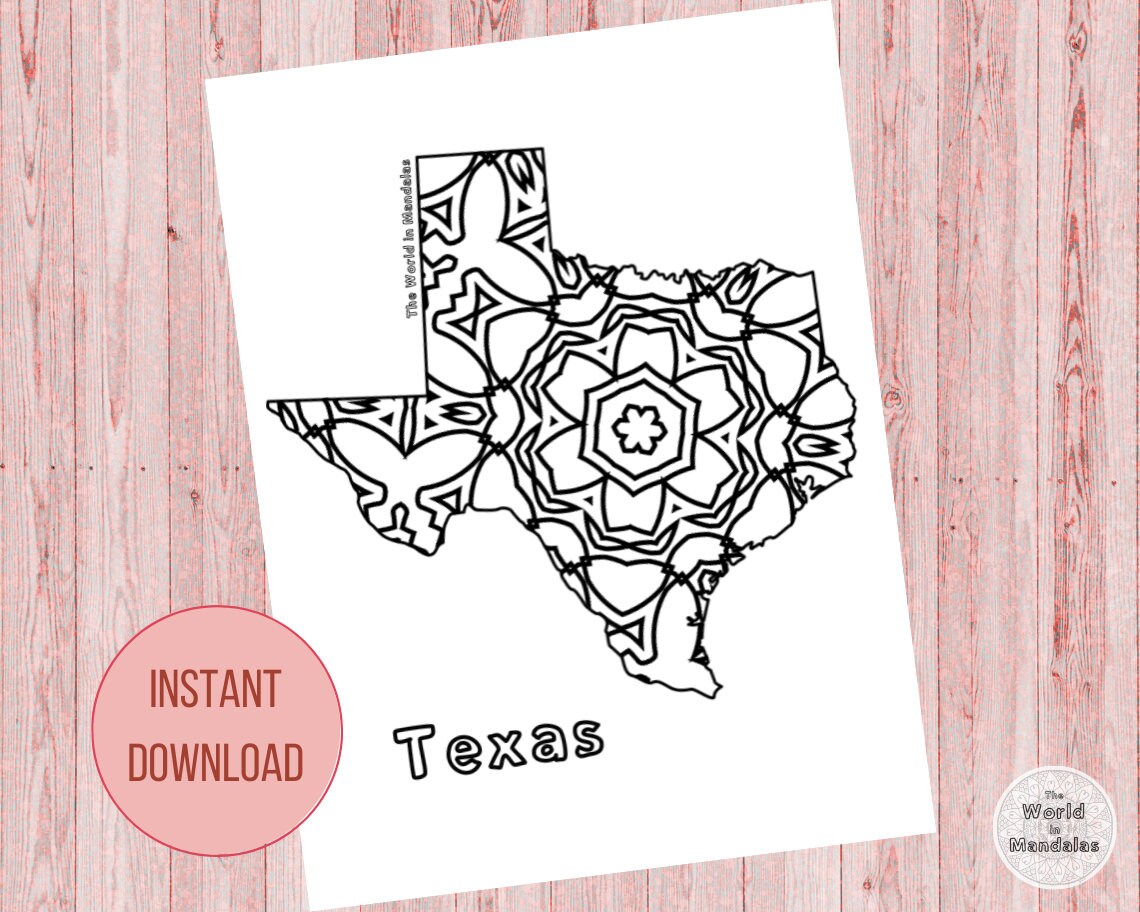 Texas Mandala All Ages Colouring Page States of the USA - Etsy