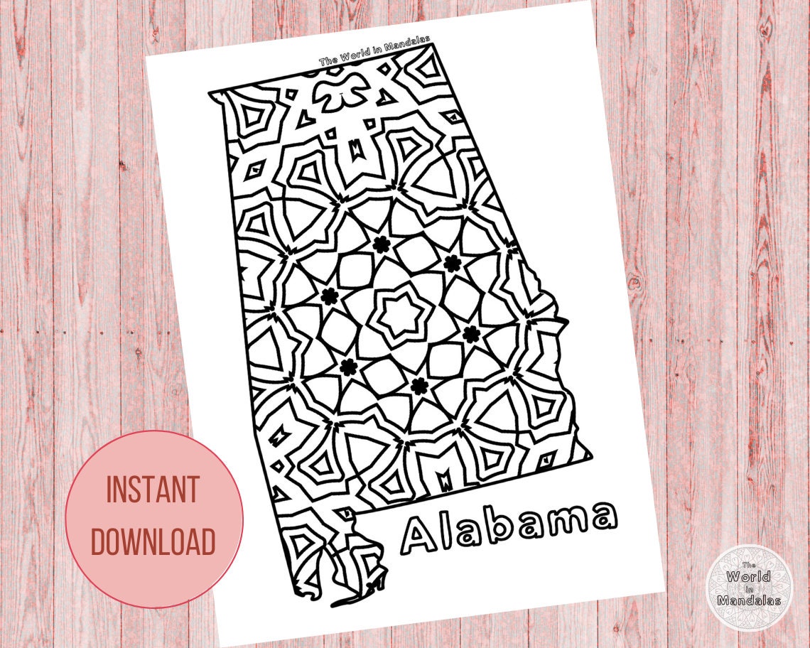 Alabama Mandala All Ages Coloring Page States of the USA Printable A4 ...