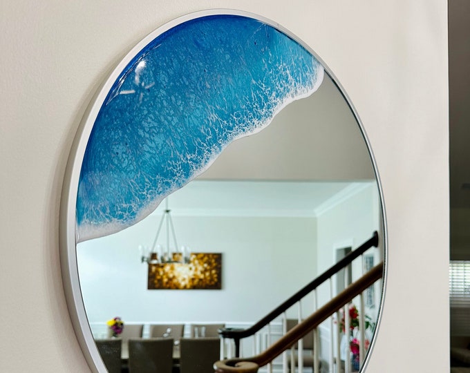 Resin Wave Decorated Hanging Mirror, Round Marine Art Mirror, Resin ...