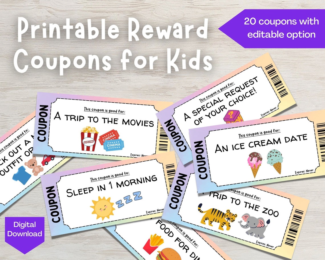 Kids Reward Coupon Book, Printable Reward Coupons, Child Birthday Gift ...