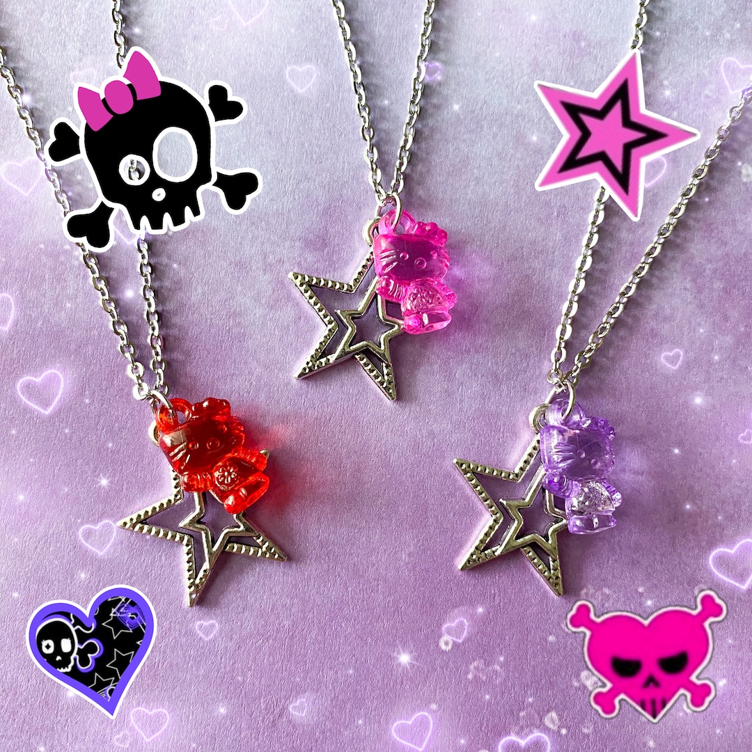 Emo Rockstar Kawaii Kitty Charm Necklaces 2000s Y2k Rocker Punk Scene ...