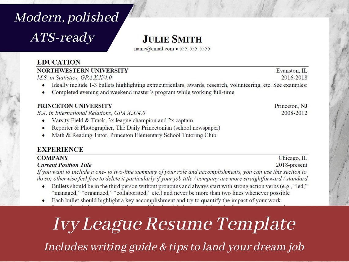 Ivy League Resume Template With Tips and Writing Guidance | Editable ...