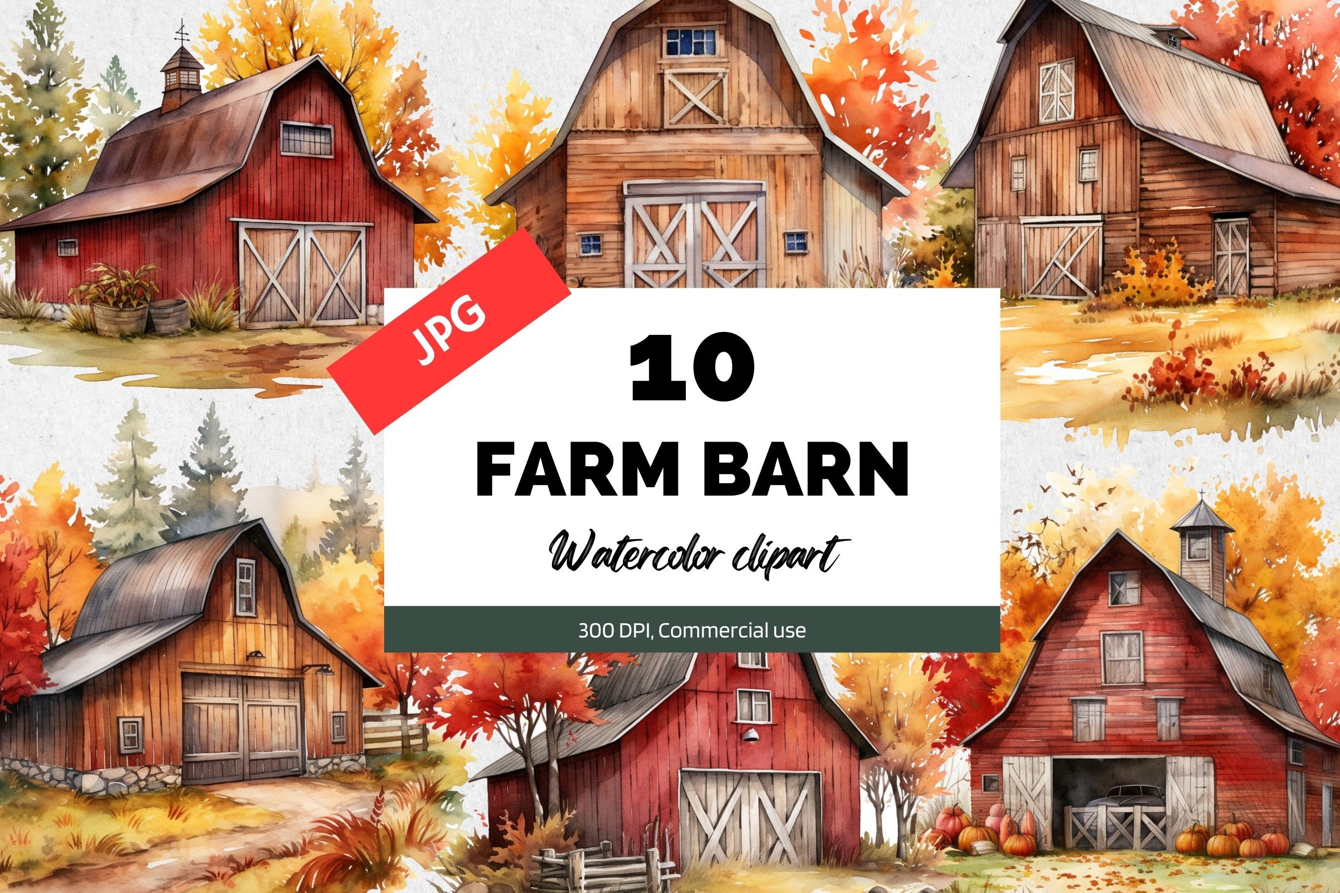Autumn Farm Barn Clipart, 10 High Quality JPG, Commercial Use, Instant ...