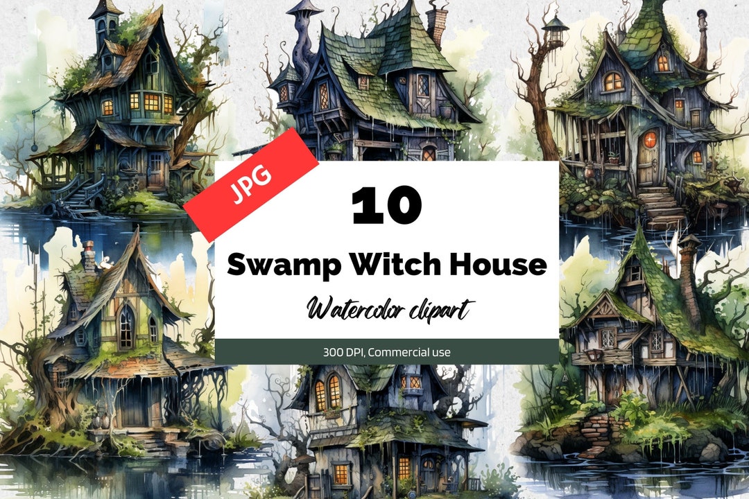 Watercolor Swamp Witch House Clipart, 10 High Quality Jpgs, Commercial ...