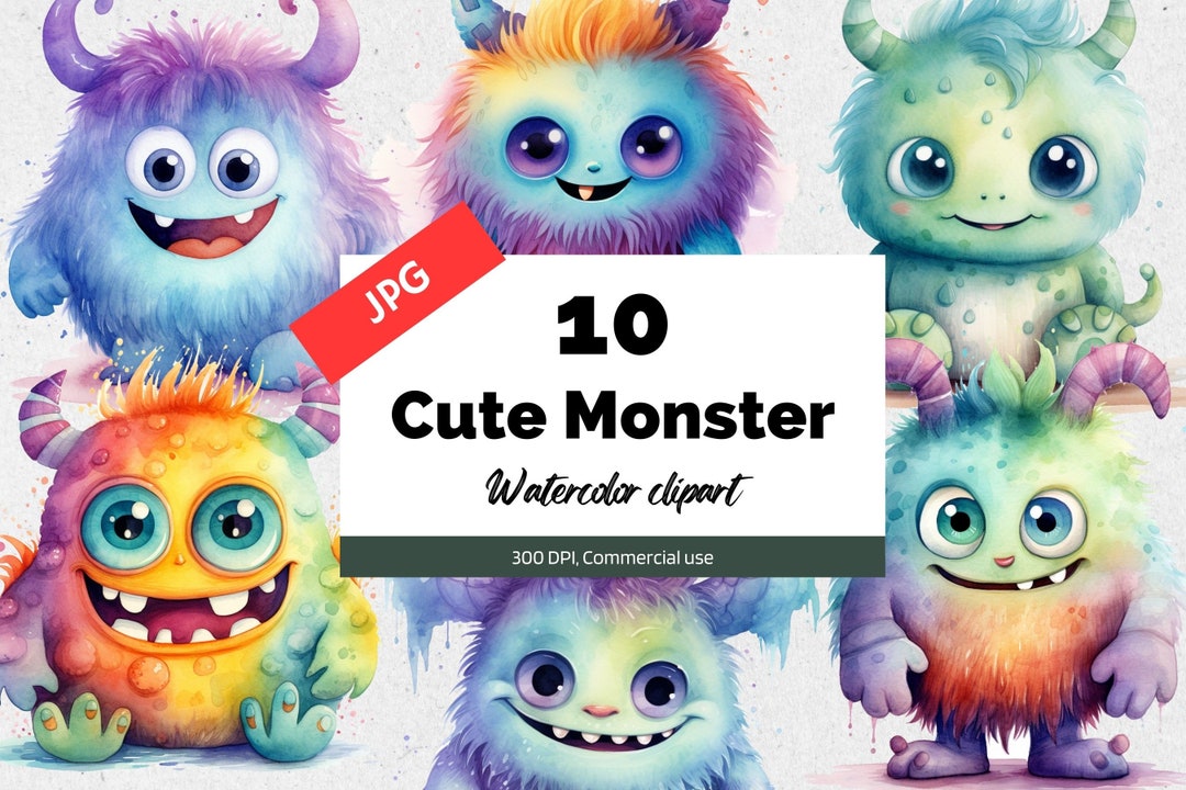 Watercolor Cute Monster Clipart 10 High Quality Jpgs - Etsy