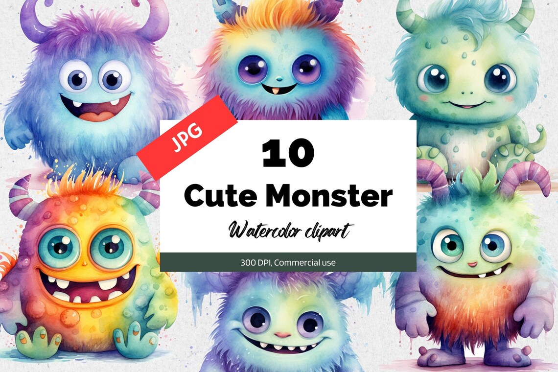 Watercolor Cute Monster Clipart 10 High Quality Jpgs - Etsy