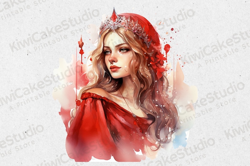 Imágenes prediseñadas de princesa roja acuarela, 10 JPG de alta calidad ...