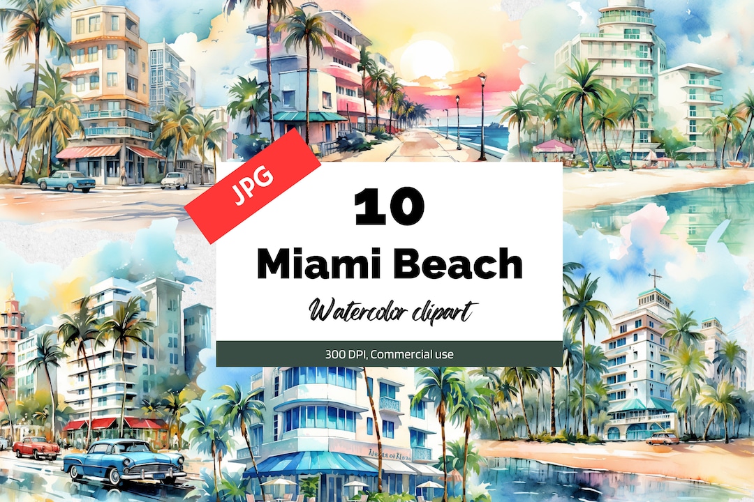 Watercolor Miami Beach Clipart, 10 High Quality Jpgs, Card Making ...