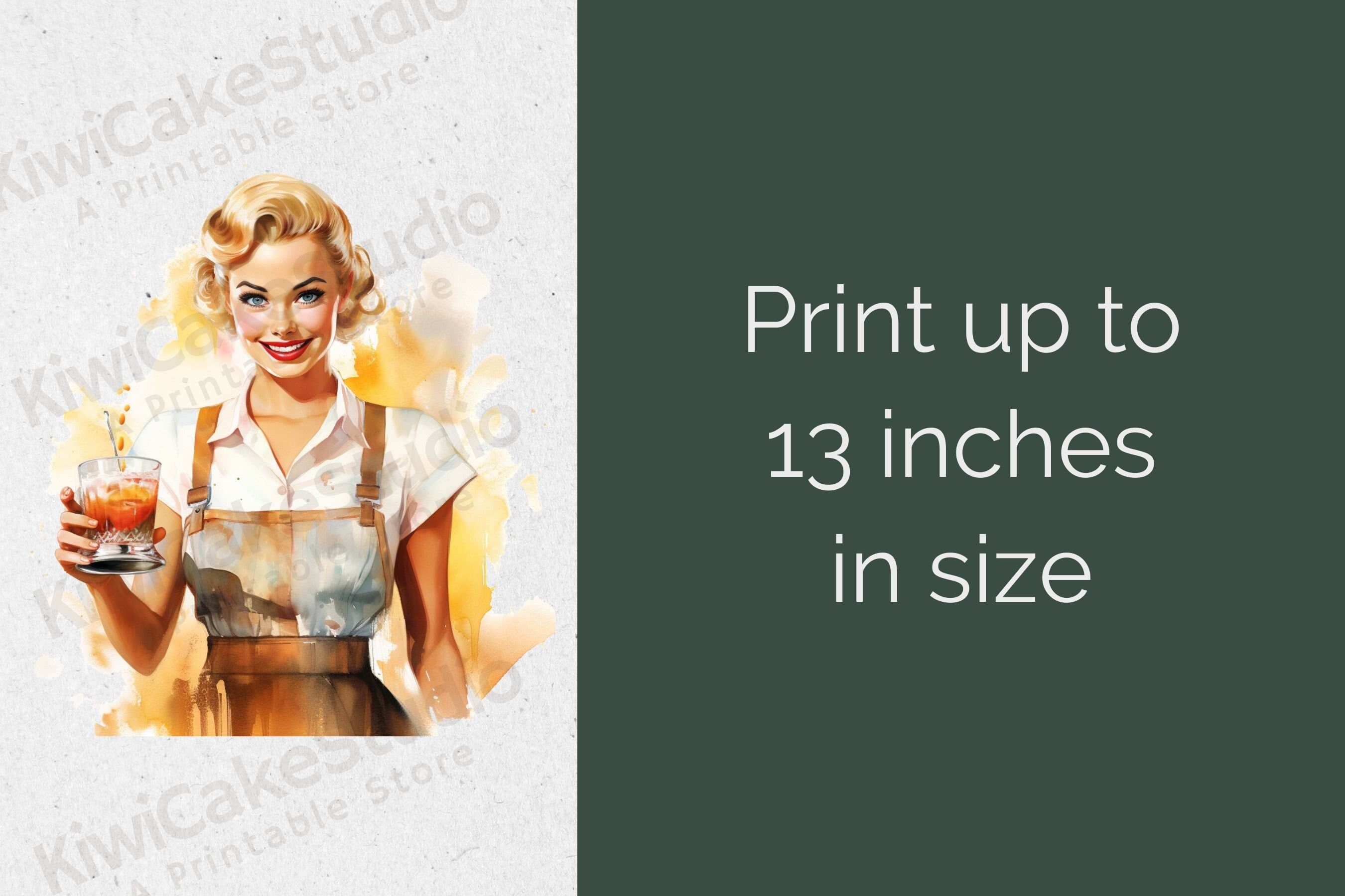 Watercolor Retro Waitress Clipart, 10 High Quality Jpgs, Commercial Use ...