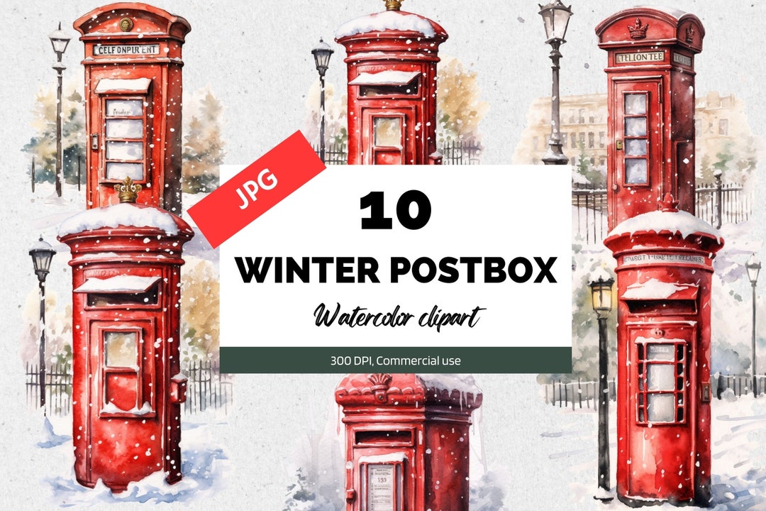 Watercolor Winter Postbox Clipart, 10 High Quality Jpgs, Commercial Use ...