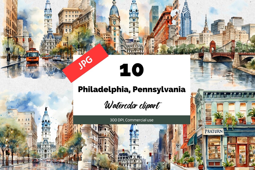 Watercolor Philadelphia Pennsylvania, 10 High Quality Jpgs, Commercial ...