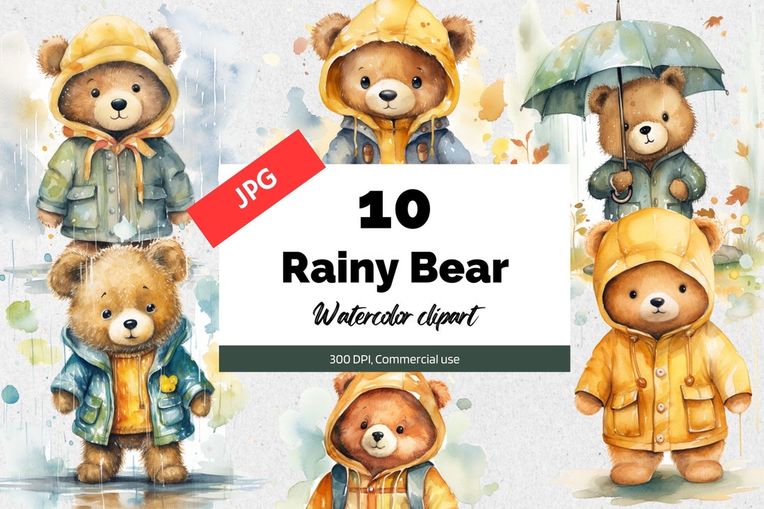 Watercolor Rainy Bear Clipart, 10 High Quality Jpgs, Commercial Use ...