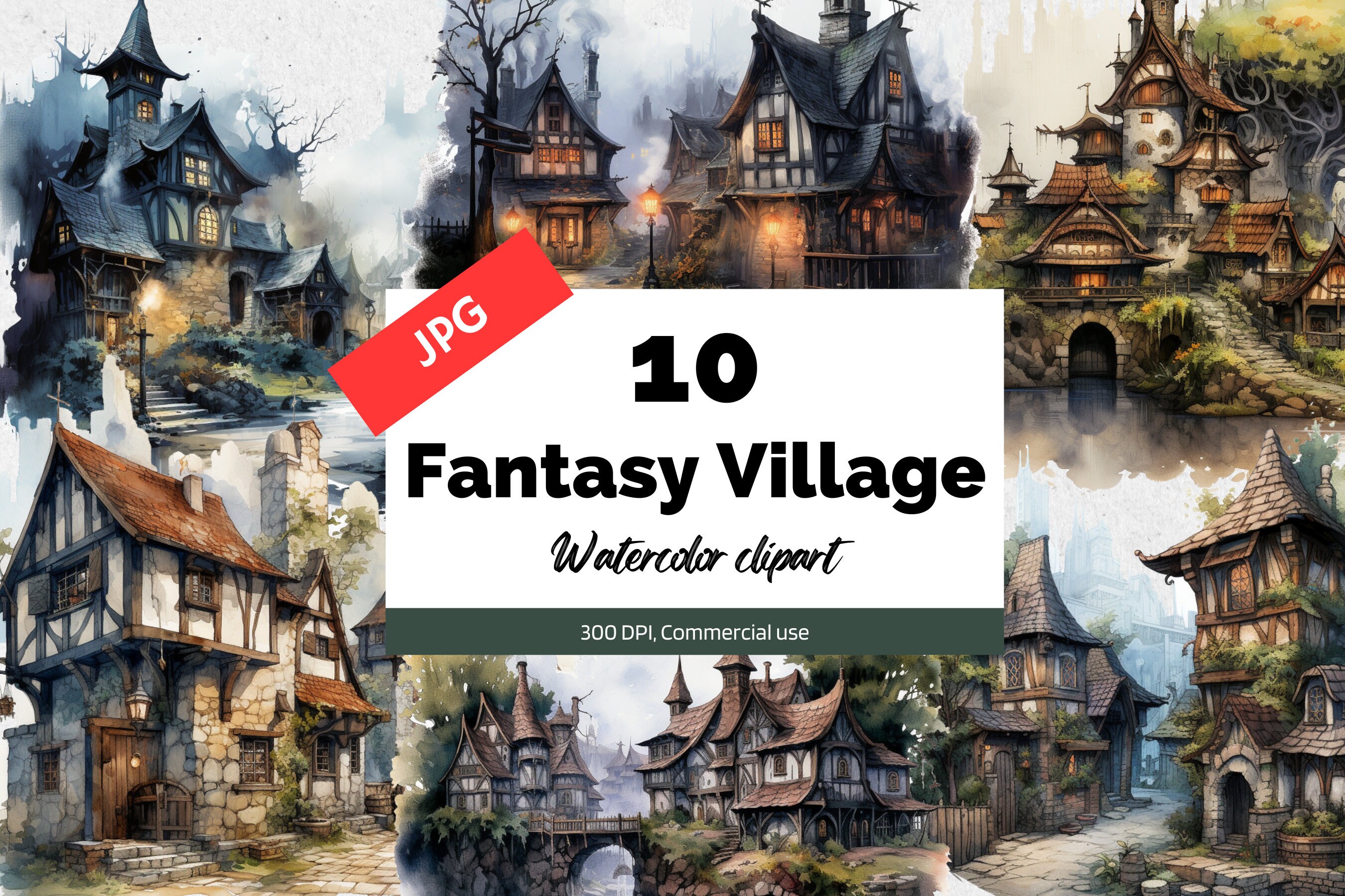 Watercolor Fantasy Village Clipart, 10 High Quality Jpgs, Commercial ...