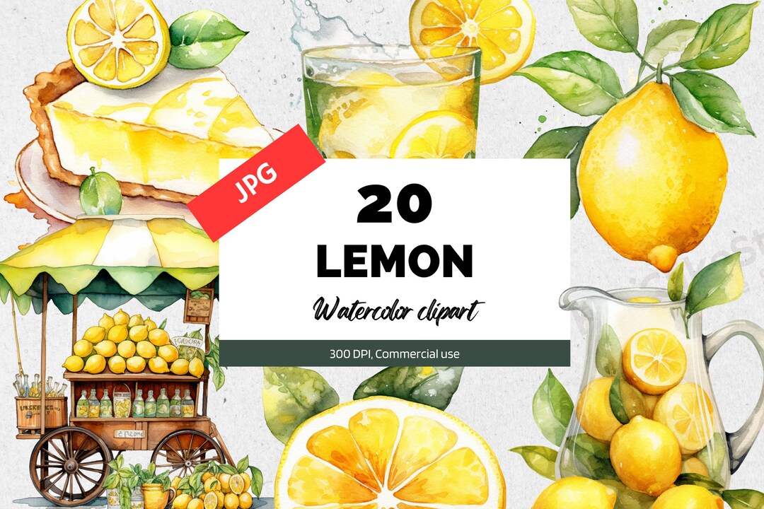 20 Watercolor Lemon Clipart JPG, Citrust Fruit Graphics, Scrapbooking ...