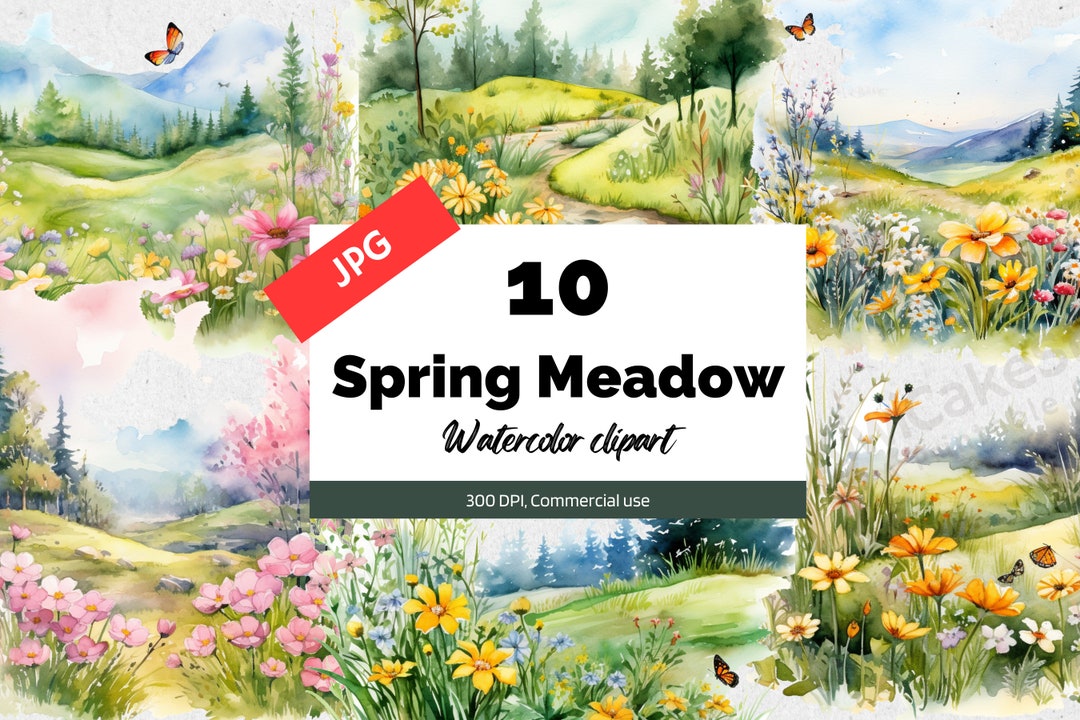 Watercolor Spring Meadow Clipart, Wildflower Field Landscapes, Summer ...