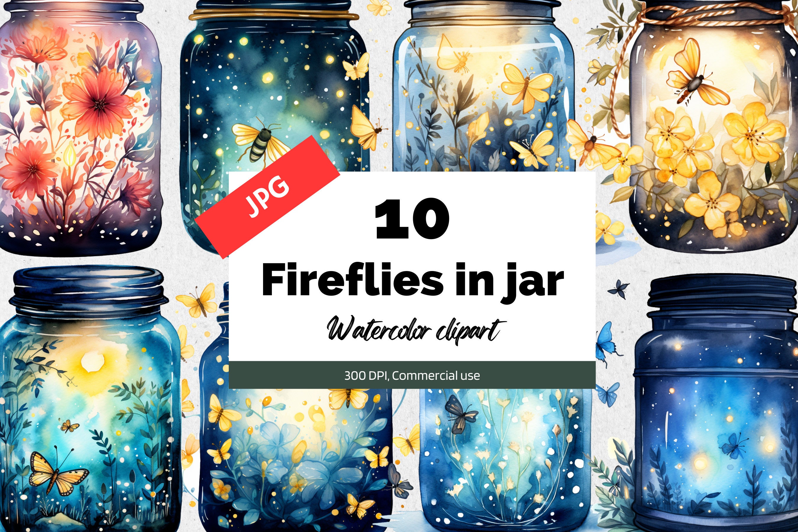 Watercolor Firefly Jars Clipart, 10 High Quality Jpgs, Commercial Use ...