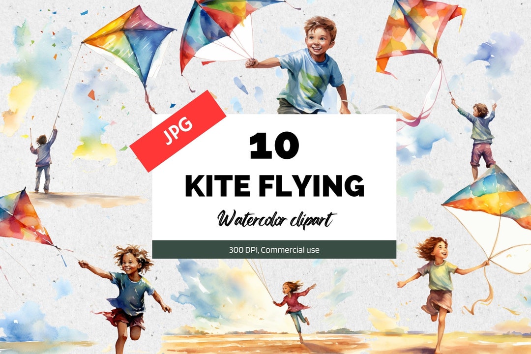 Watercolor Kite Flying Clipart, 10 High Quality Jpgs, Commercial ...