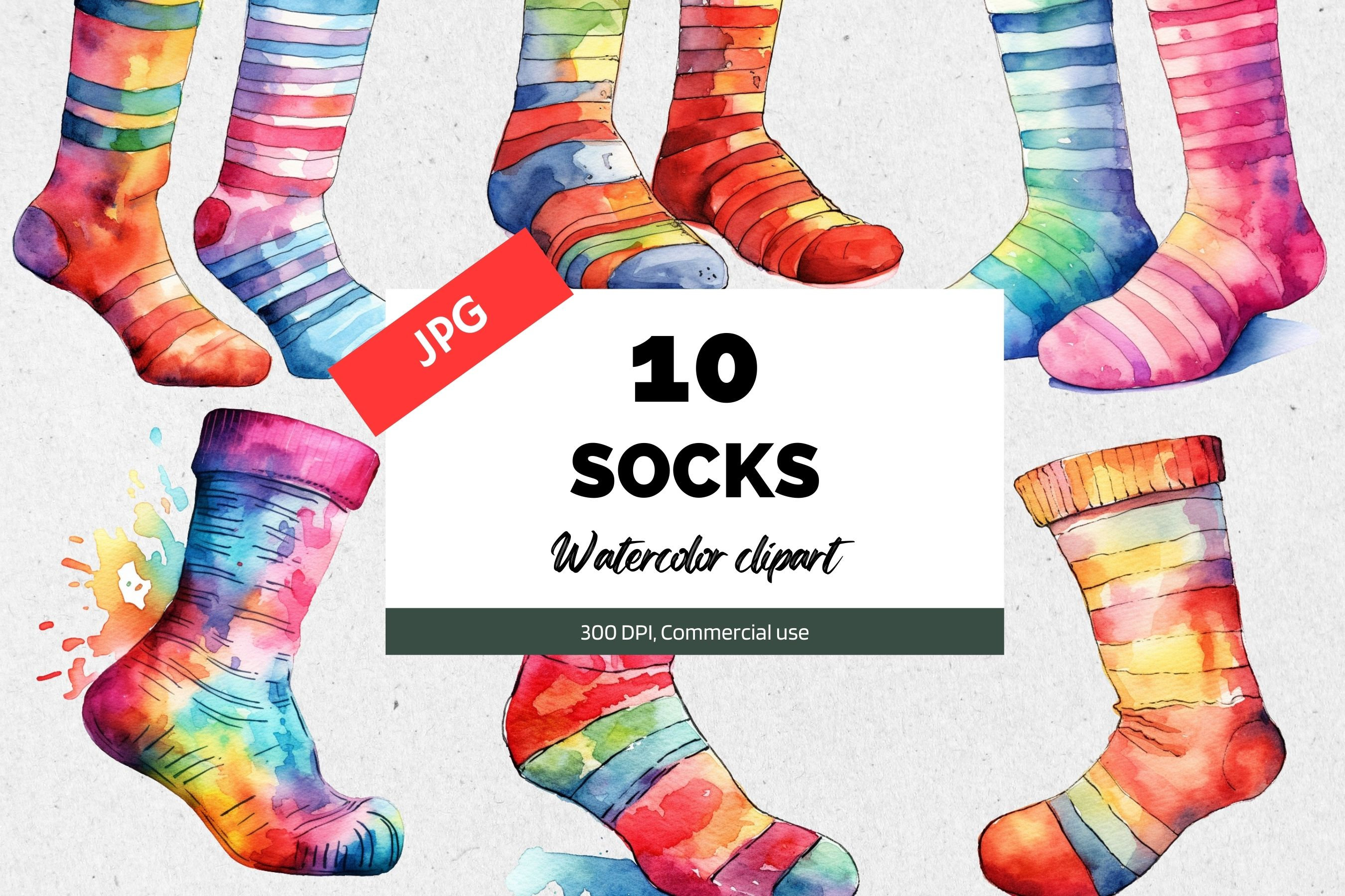 Watercolor Socks Clipart, 10 High Quality JPG, Commercial Use, Instant ...