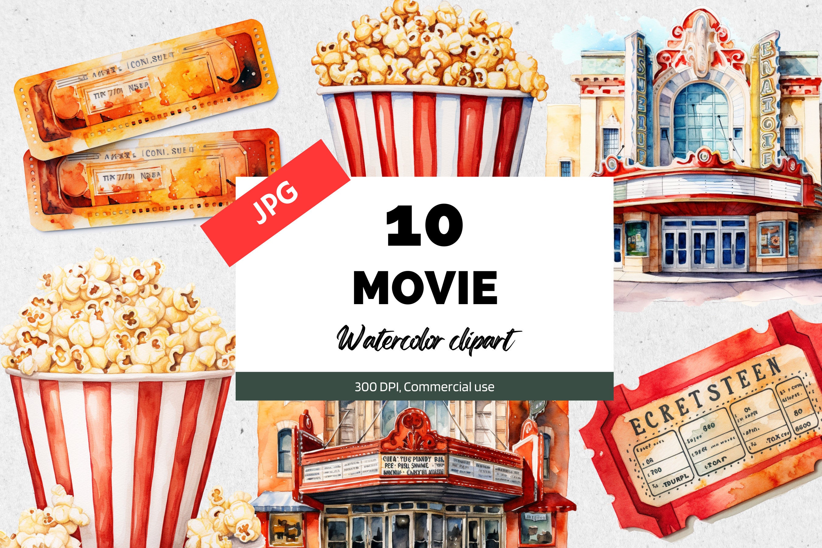 Watercolor Movie Theme Clipart, 10 High Quality Jpgs, Commercial Use ...