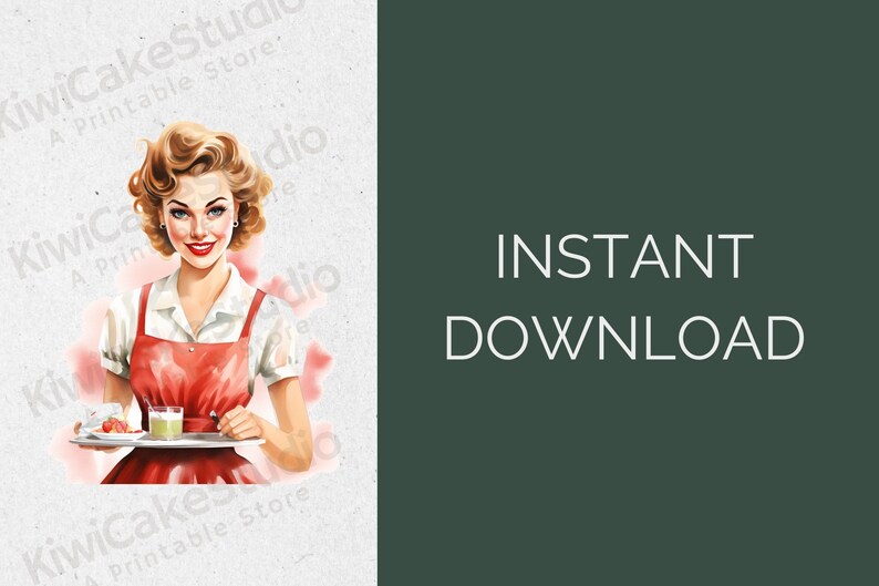 Watercolor Retro Waitress Clipart, 10 High Quality Jpgs, Commercial Use ...