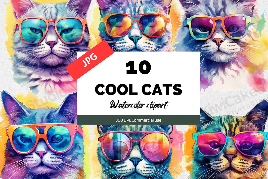 Cool Cat Clipart, 10 High Quality Jpgs, Card Making, Digital Download ...