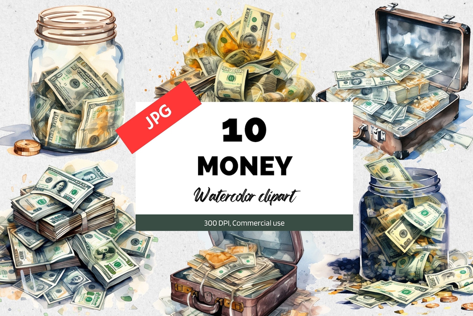 Watercolor Money Clipart, 10 High Quality Jpgs, Commercial Use, Instant ...