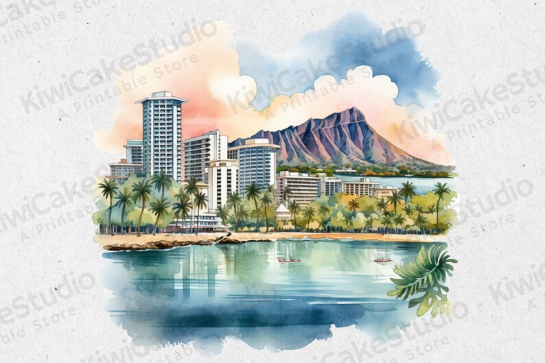 Watercolor Honolulu, Hawaii Clipart, 10 High Quality Jpgs, Commercial ...