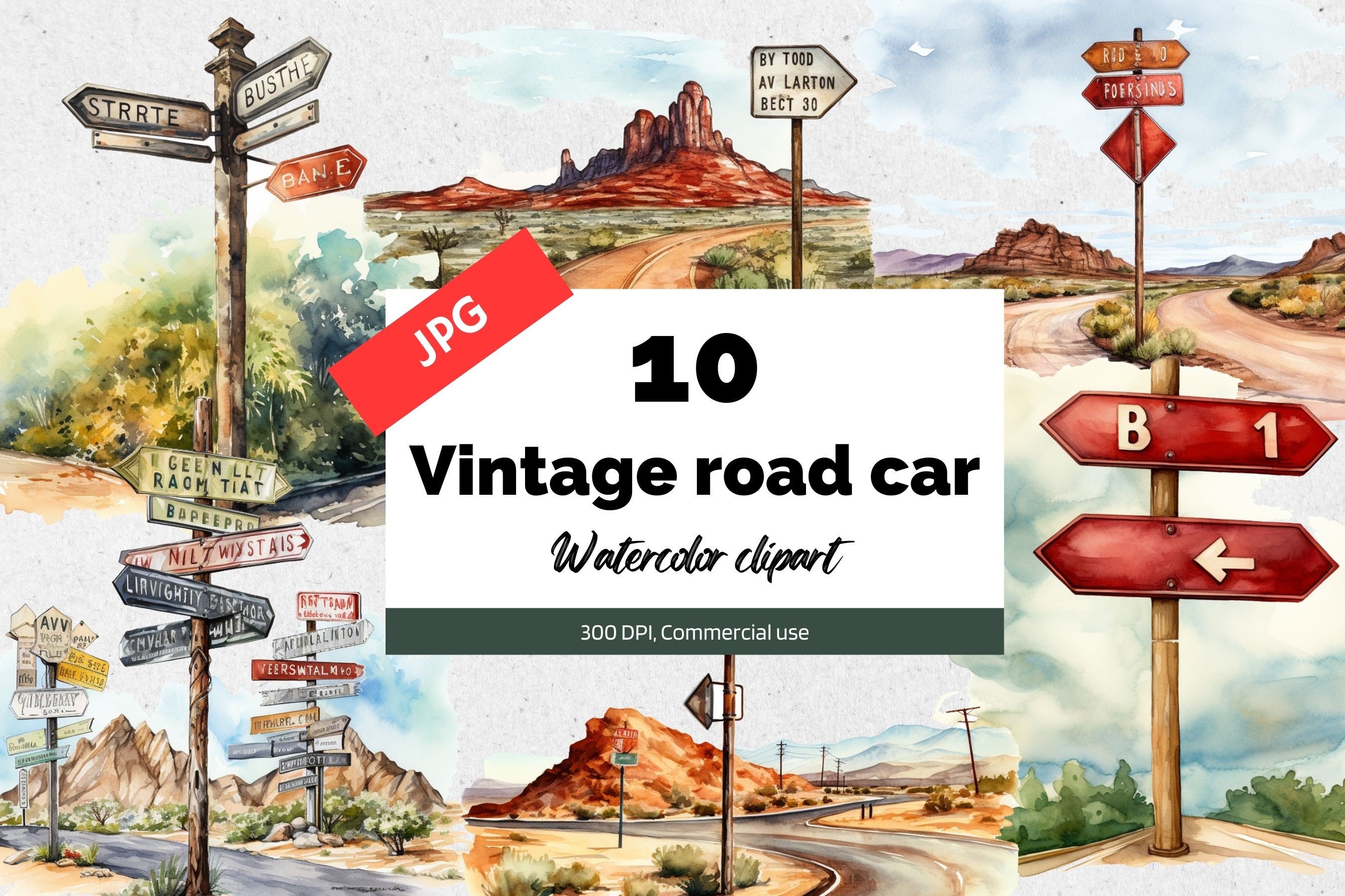 Watercolor Vintage Road Sign Clipart, 10 High Quality Jpgs, Commercial ...